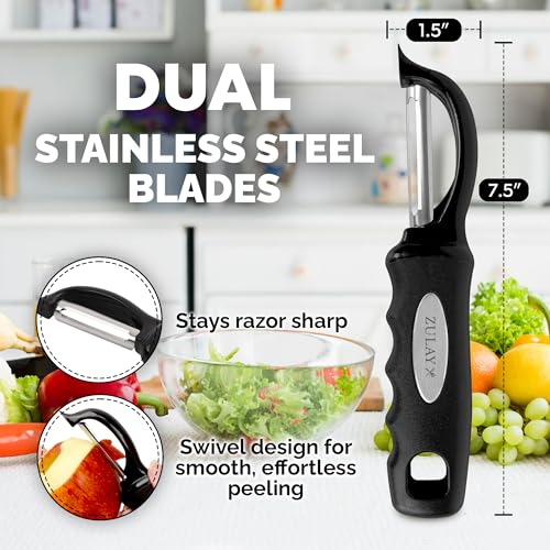 Zulay Kitchen Premium Vegetable Peeler for Kitchen - Swivel Peeler with Razor Sharp Stainless Steel Blades & Strong Ergonomic Handle - Dishwasher Safe, Easy To Use with Blemish Remover - Black