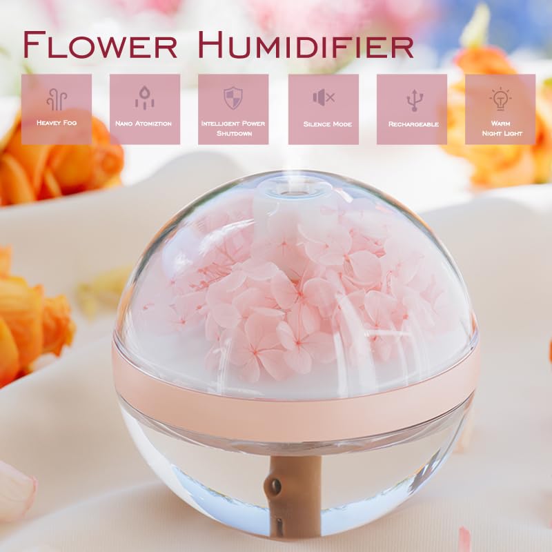 Preserved Flower Portable Humidifier,270ml Capacity,Rechargeable Essential Oil Diffuser with Night Light and Waterless Auto Shut-Off,for Office Room Bedroom Livingroom (Pink Hydrangea)