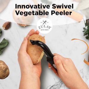 Zulay Kitchen Premium Vegetable Peeler for Kitchen - Swivel Peeler with Razor Sharp Stainless Steel Blades & Strong Ergonomic Handle - Dishwasher Safe, Easy To Use with Blemish Remover - Black