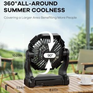 DOWILLDO Camping Fan with LED Lantern, 10400mah Portable Battery Operated Outdoor Fan, Personal Rechargeable Fan for Travel, Hiking, Fishing, Picnic (Black)