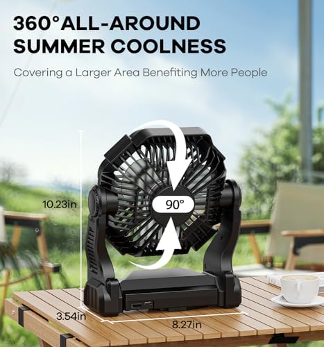 DOWILLDO Camping Fan with LED Lantern, 10400mah Portable Battery Operated Outdoor Fan, Personal Rechargeable Fan for Travel, Hiking, Fishing, Picnic (Black)