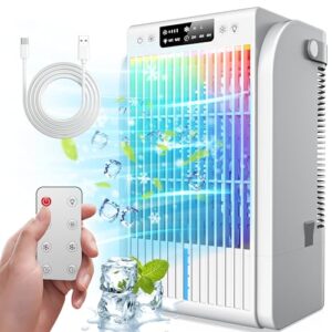 portable air conditioners fan,portable ac unit with 1500ml water tank,4-in-1 evaporative air cooler with remote control 7 color light personal mini air conditioner portable for room car office camping