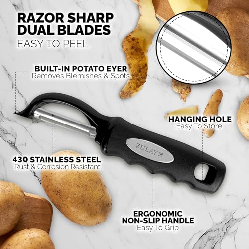 Zulay Kitchen Premium Vegetable Peeler for Kitchen - Swivel Peeler with Razor Sharp Stainless Steel Blades & Strong Ergonomic Handle - Dishwasher Safe, Easy To Use with Blemish Remover - Black