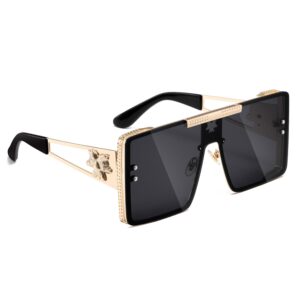 highyou oversize sunglasses mens trendy womens retro metal shades designer fashion (gold frame/black lenses)