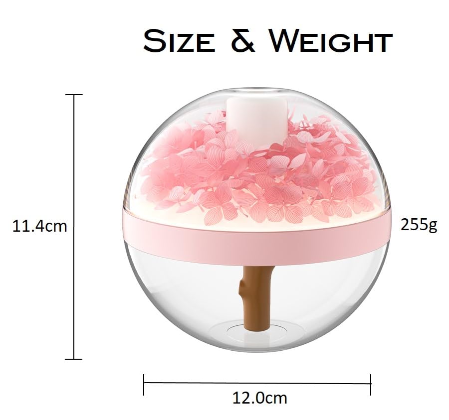 Preserved Flower Portable Humidifier,270ml Capacity,Rechargeable Essential Oil Diffuser with Night Light and Waterless Auto Shut-Off,for Office Room Bedroom Livingroom (Pink Hydrangea)