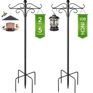 rumlick shepherds hooks for outdoor, 2 pack 108 inch heavy duty bird feeder pole with 5 prongs base, adjustable shepherds hook for hanging birdhouses, lanterns, plant baskets, wind chimes