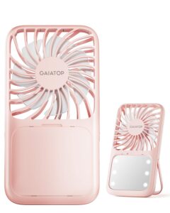 gaiatop handheld mini fan, 3 speed portable lash fan makeup mirror with led light, 2000mah usb rechargeable personal desk fan with stand, small hand fan for outdoor travel gifts for women girls pink