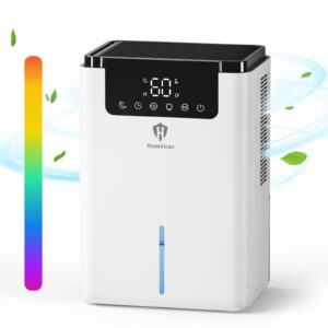 dehumidifier for bedroom, 68 oz dehumidifiers for home basement with auto defrost timer colorful light, small dehumidifier for bathroom rv closet room (500 sq. ft) white