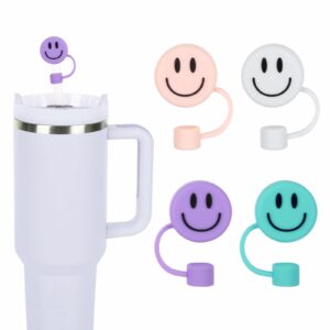 Whaline 4Pcs Smile Face Straw Covers Silicone Reusable Straw Topper Double Sided Pattern Straw Tip Covers 10mm 0.4 Inch for 30 & 40 OZ Tumbler with Handle（Pink,Purple,Mint Green,Cream Color）