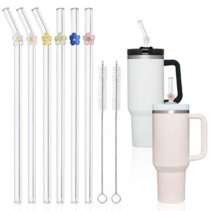 duming-in 6 pack replacement glass straws for stanley 40 oz 30 oz tumbler, cute flower glass straws with charms, stanley straw with cleaning brush stanley cup accessories