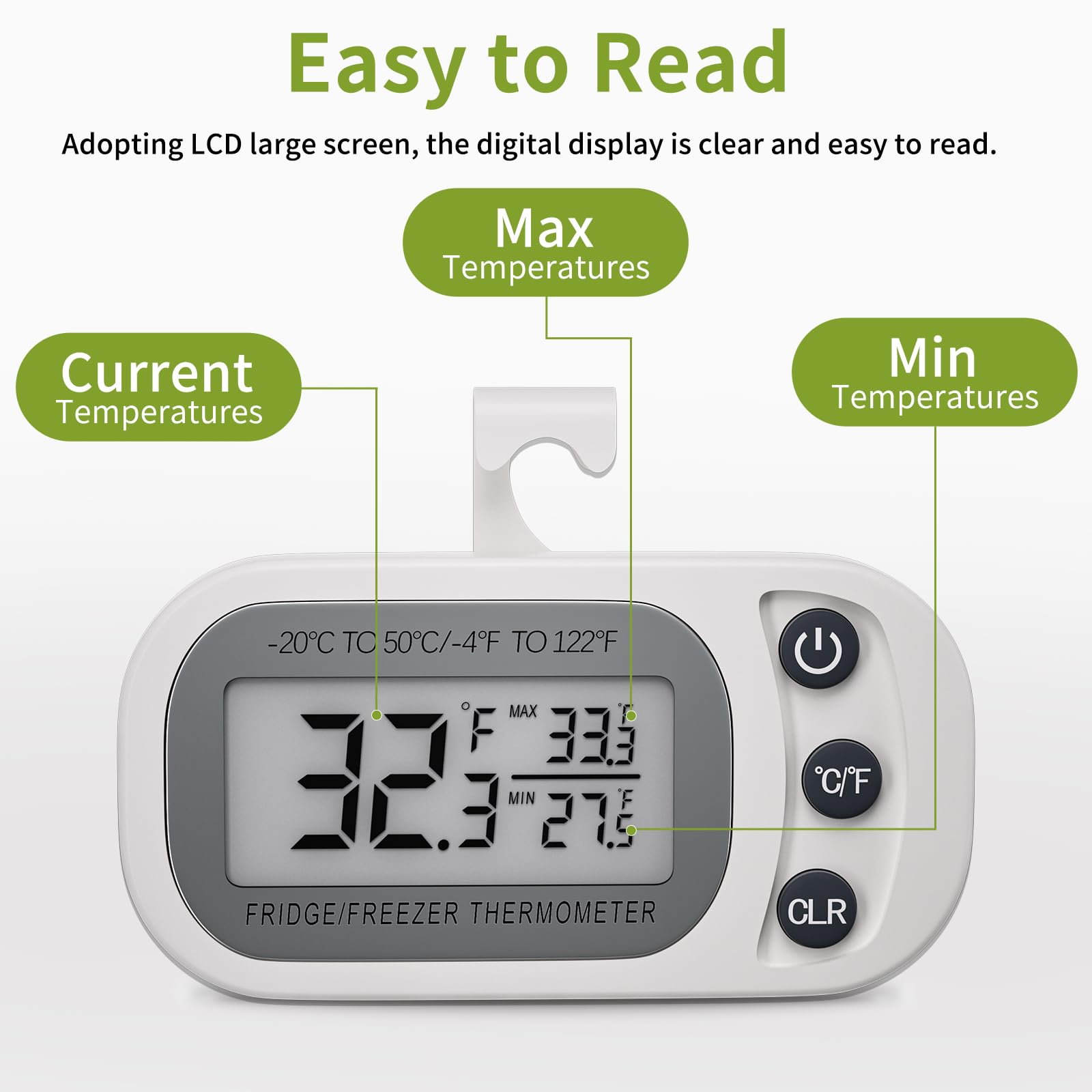 FAHZON Digital Frigerator Thermometer 2 Pack, Waterproof Fridge and Freezer Thermometer, Thermometer Refrigerator with Large LCD Screen, Stand and Magnetic Back, for Room,Kitchen, White