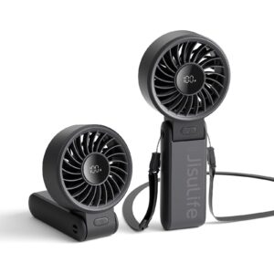 jisulife handheld fan life7,2024 powerful portable fan with led display[19.5hrs max cooling]5000mah,150°folded,5 speeds,lanyard; 3-in-1 hand/desk/neck fan,travel essentials gifts for women,men(black)