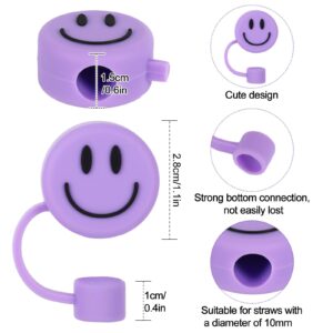 Whaline 4Pcs Smile Face Straw Covers Silicone Reusable Straw Topper Double Sided Pattern Straw Tip Covers 10mm 0.4 Inch for 30 & 40 OZ Tumbler with Handle（Pink,Purple,Mint Green,Cream Color）