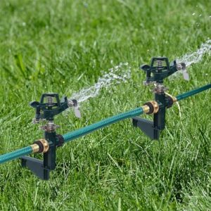 Biswing 2 Pack Impact Sprinkler Head on Metal Step Spike, Heavy Duty Zinc Alloy Lawn Sprinkler, Adjustable Coverage Nozzle on Sturdy Spike Base, 360 Degree Large Area Irrigation, Green