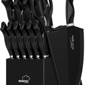 Knife Set, 15 Pieces Kitchen Knife Set with Built in Sharpener, German High Carbon Stainless Steel Knife Block Set, Dishwasher Safe, Black