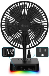 hiree desk fan with usb charging port, 6.7 inch 2 speeds small desktop table fan with usb charger, ac outlet and led light, strong wind, quiet operation - suitable for bedroom, home, dorm room