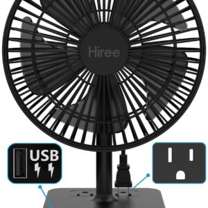 Hiree Desk Fan with USB Charging Port, 6.7 Inch 2 Speeds Small Desktop Table Fan with USB Charger, AC Outlet and LED Light, Strong Wind, Quiet Operation - Suitable for Bedroom, Home, Dorm Room