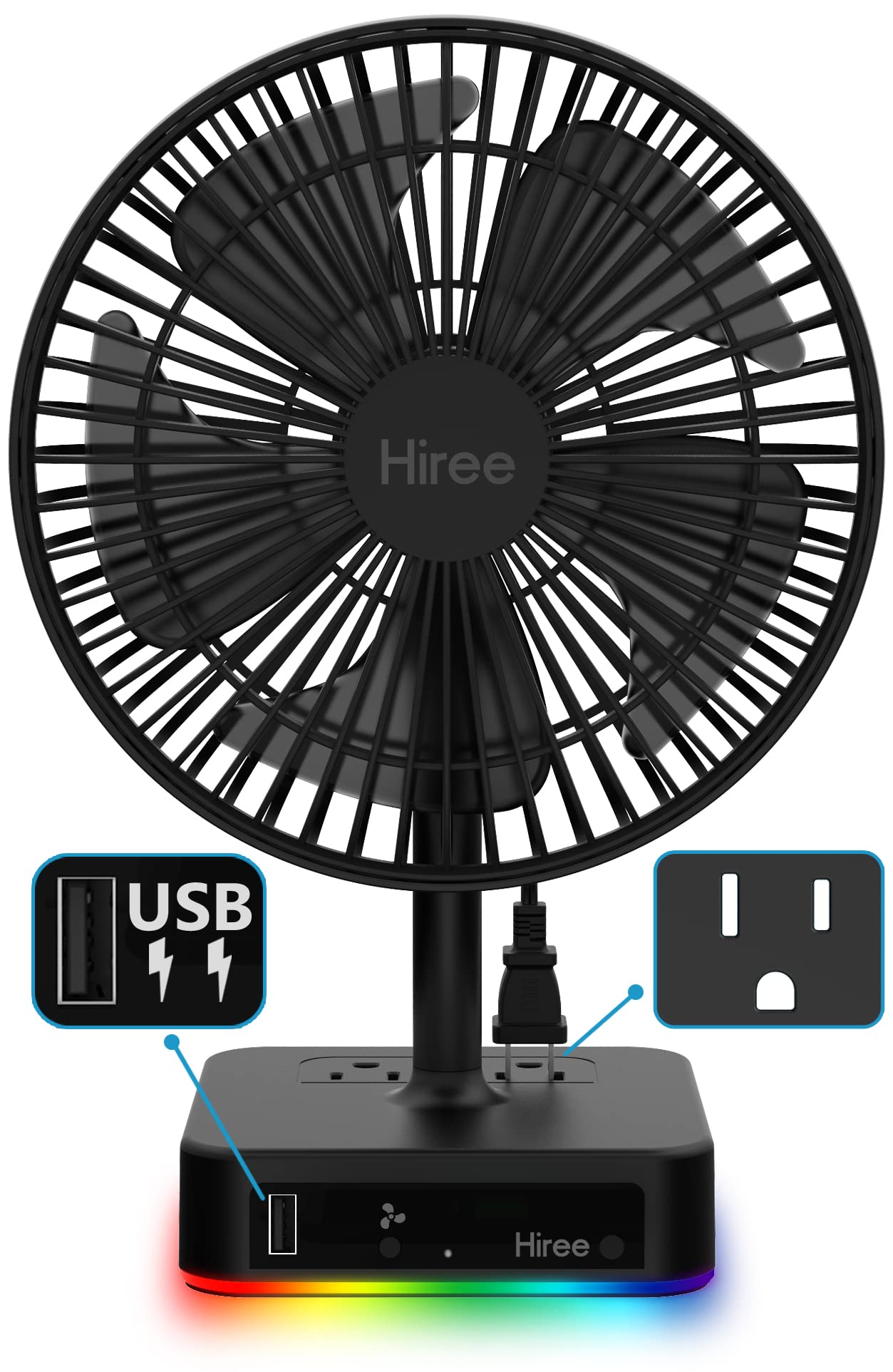 Hiree Desk Fan with USB Charging Port, 6.7 Inch 2 Speeds Small Desktop Table Fan with USB Charger, AC Outlet and LED Light, Strong Wind, Quiet Operation - Suitable for Bedroom, Home, Dorm Room