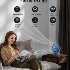 GOTOTO Clip on Fan, Rechargeable Portable Fan with 2000mAh Battery Operated, Small Fan with Powerful Clip Design, 3 Wind Speed, 360° Rotation, Ultra-Low Noise Level Personal Fan for Travel