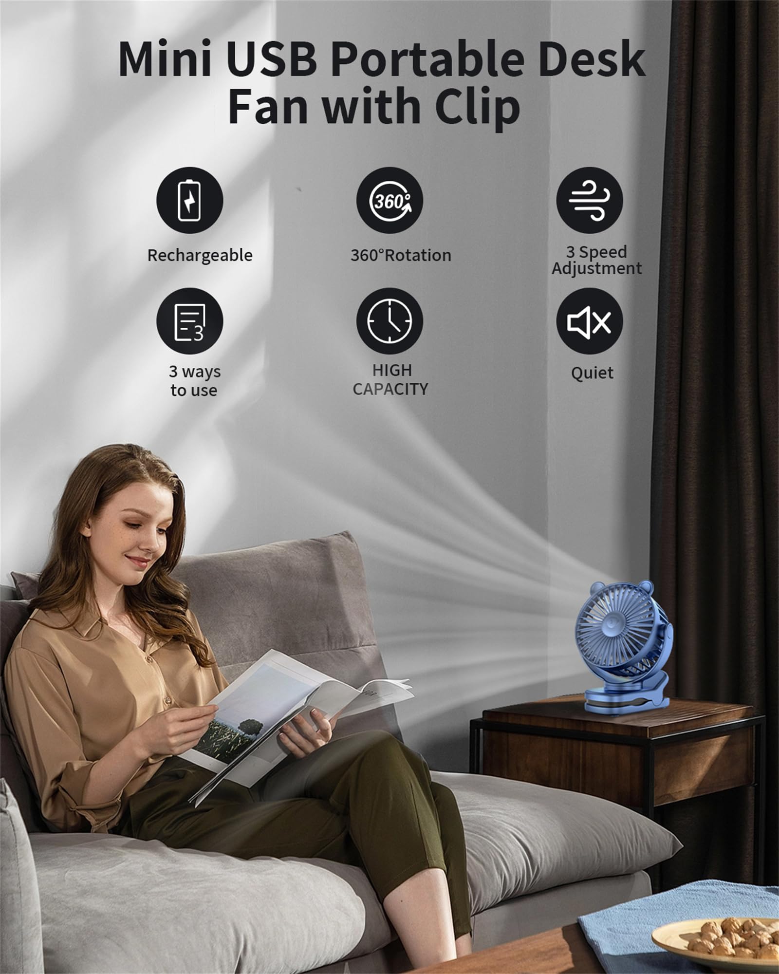 GOTOTO Clip on Fan, Rechargeable Portable Fan with 2000mAh Battery Operated, Small Fan with Powerful Clip Design, 3 Wind Speed, 360° Rotation, Ultra-Low Noise Level Personal Fan for Travel