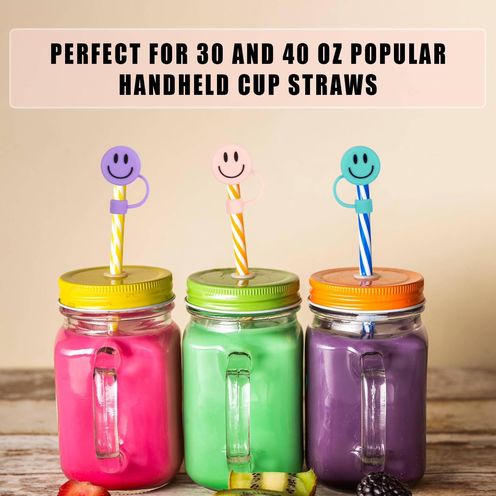 Whaline 4Pcs Smile Face Straw Covers Silicone Reusable Straw Topper Double Sided Pattern Straw Tip Covers 10mm 0.4 Inch for 30 & 40 OZ Tumbler with Handle（Pink,Purple,Mint Green,Cream Color）