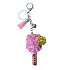 popfizzy bling pink pickleball keychain for women, rhinestone pickleball backpack keychain for girls, fun pickleball gifts