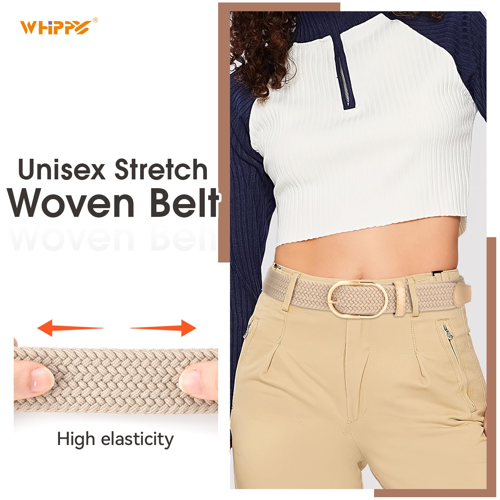 WHIPPY Braided Woven Stretch Belt Women Men Web Casual Unisex Mixed Color Woven Elastic Golf Belts for Jeans Pants S