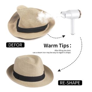 DressVoguer Straw Fedora Hat for Women Men Short Brim Panama Hat Roll Up Trilby Summer Beach Sun Hat UPF 50+ Beige