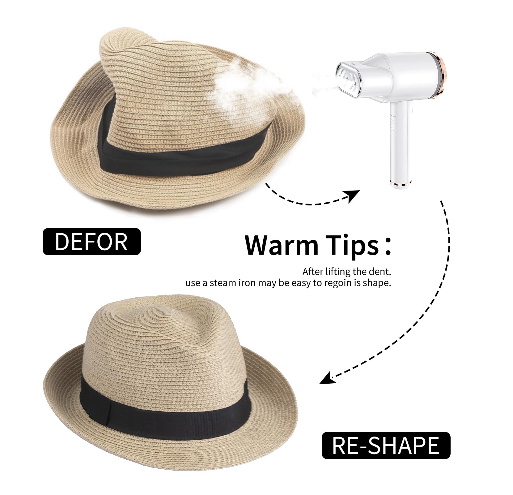 DressVoguer Straw Fedora Hat for Women Men Short Brim Panama Hat Roll Up Trilby Summer Beach Sun Hat UPF 50+ Beige