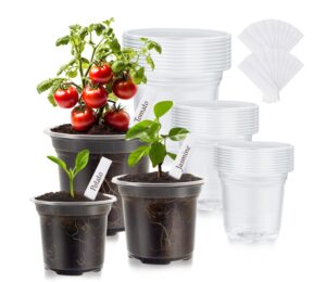 wandaqueen 30 packs clear nursery pots for plants, 3.5/4/5 inch plant pot for planting plastic seedling pots with drainage holes seed starter pot high transparency with 20 plant labels. (transparent)