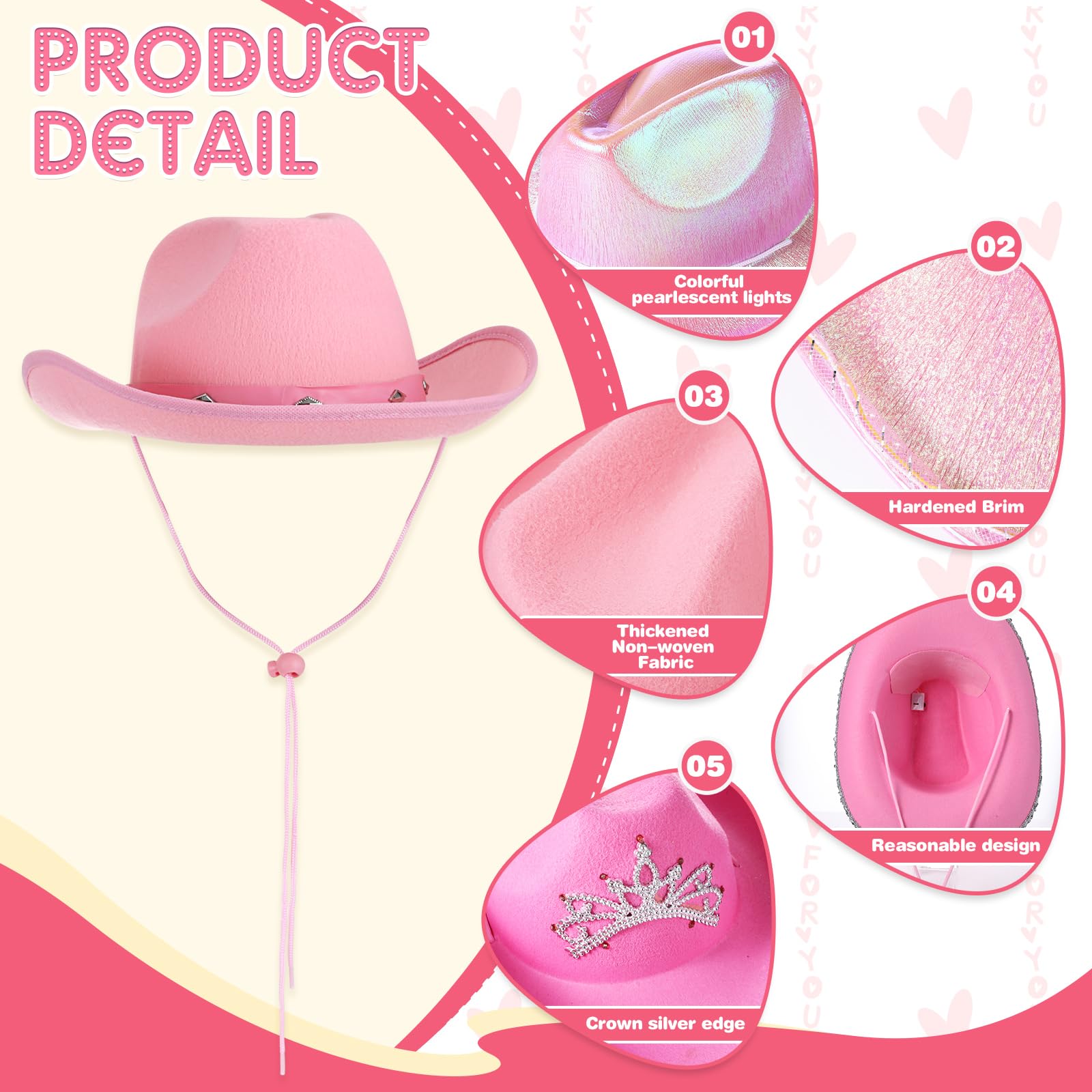 Funnysoft 6 Pcs Pink Cowgirl Party Hat Set Country Western Hat Cowboy Hat with Fluffy Feathers Light up Pink Cowgirl Hat for Men Women Adult Costume Bachelorette Dress up Party Favor