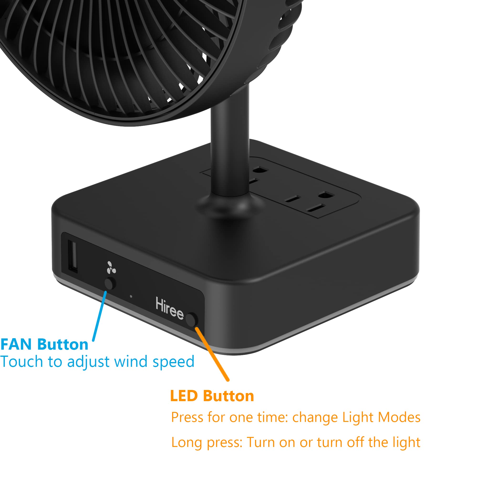 Hiree Desk Fan with USB Charging Port, 6.7 Inch 2 Speeds Small Desktop Table Fan with USB Charger, AC Outlet and LED Light, Strong Wind, Quiet Operation - Suitable for Bedroom, Home, Dorm Room