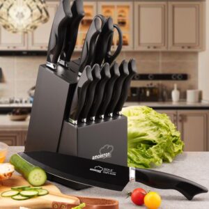 Knife Set, 15 Pieces Kitchen Knife Set with Built in Sharpener, German High Carbon Stainless Steel Knife Block Set, Dishwasher Safe, Black