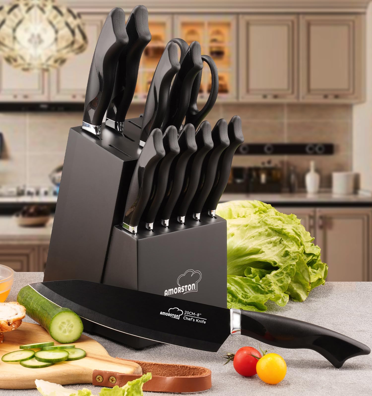 Knife Set, 15 Pieces Kitchen Knife Set with Built in Sharpener, German High Carbon Stainless Steel Knife Block Set, Dishwasher Safe, Black