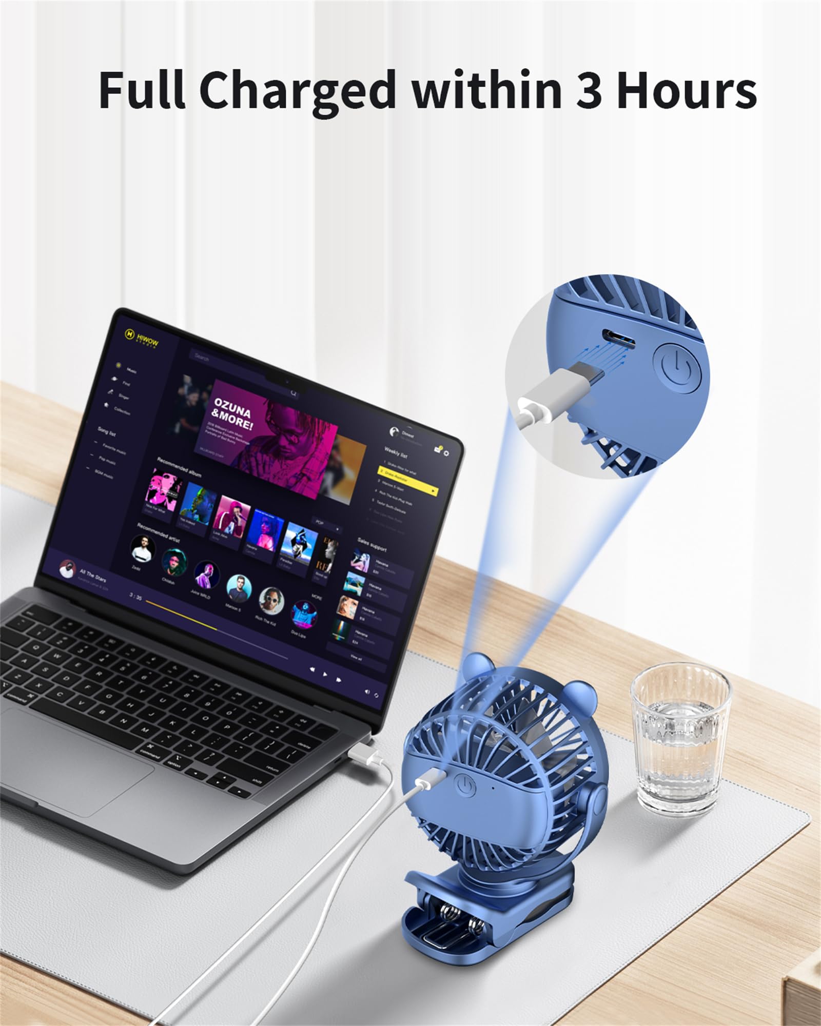 GOTOTO Clip on Fan, Rechargeable Portable Fan with 2000mAh Battery Operated, Small Fan with Powerful Clip Design, 3 Wind Speed, 360° Rotation, Ultra-Low Noise Level Personal Fan for Travel