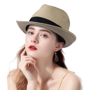 DressVoguer Straw Fedora Hat for Women Men Short Brim Panama Hat Roll Up Trilby Summer Beach Sun Hat UPF 50+ Beige