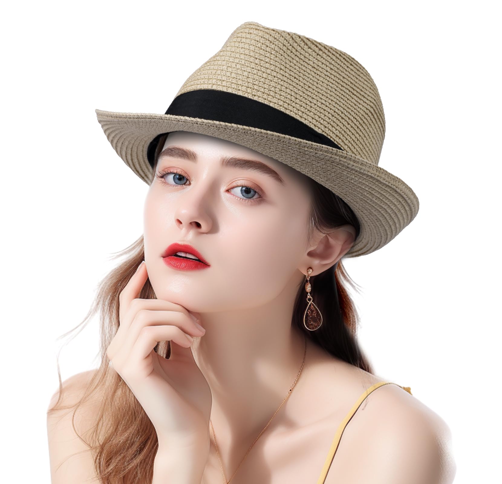 DressVoguer Straw Fedora Hat for Women Men Short Brim Panama Hat Roll Up Trilby Summer Beach Sun Hat UPF 50+ Beige