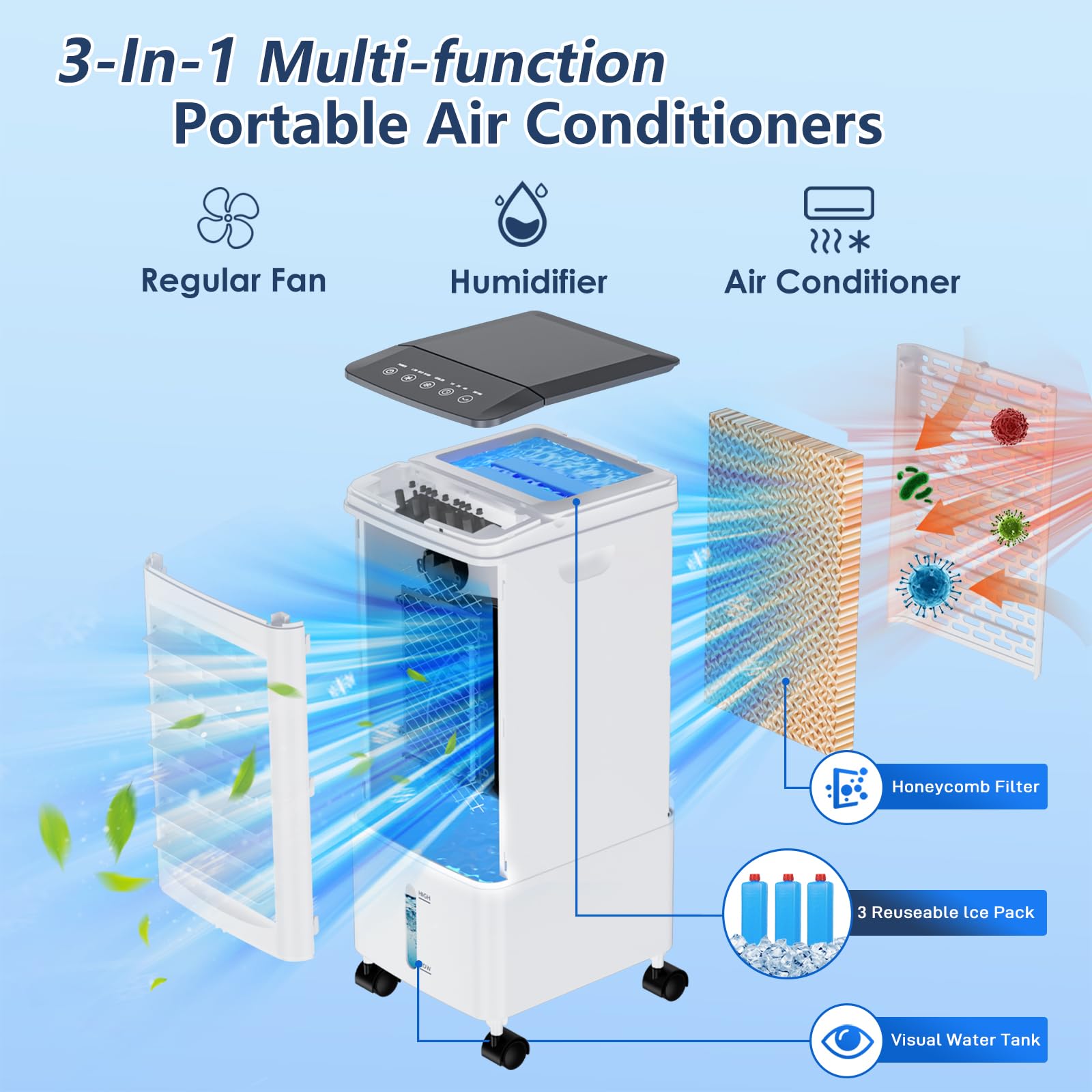 Portable Air Conditioners, 3-in-1 Evaporative Air Cooler, Portable AC Unit with 3 Speeds & 7H Timer, 60° Oscillation, Fast Cooling Room Air Conditioner Portable for Kitchen Home Office Garage