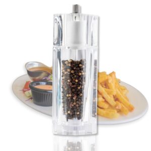 tablecraft salt pepper mill grinder, 2 in 1 square clear acrylic combo set, grinding seasoning and spices, commercial foodservice and restaurant grade, 30 ml shaker, 75 mil grinder, break resistant