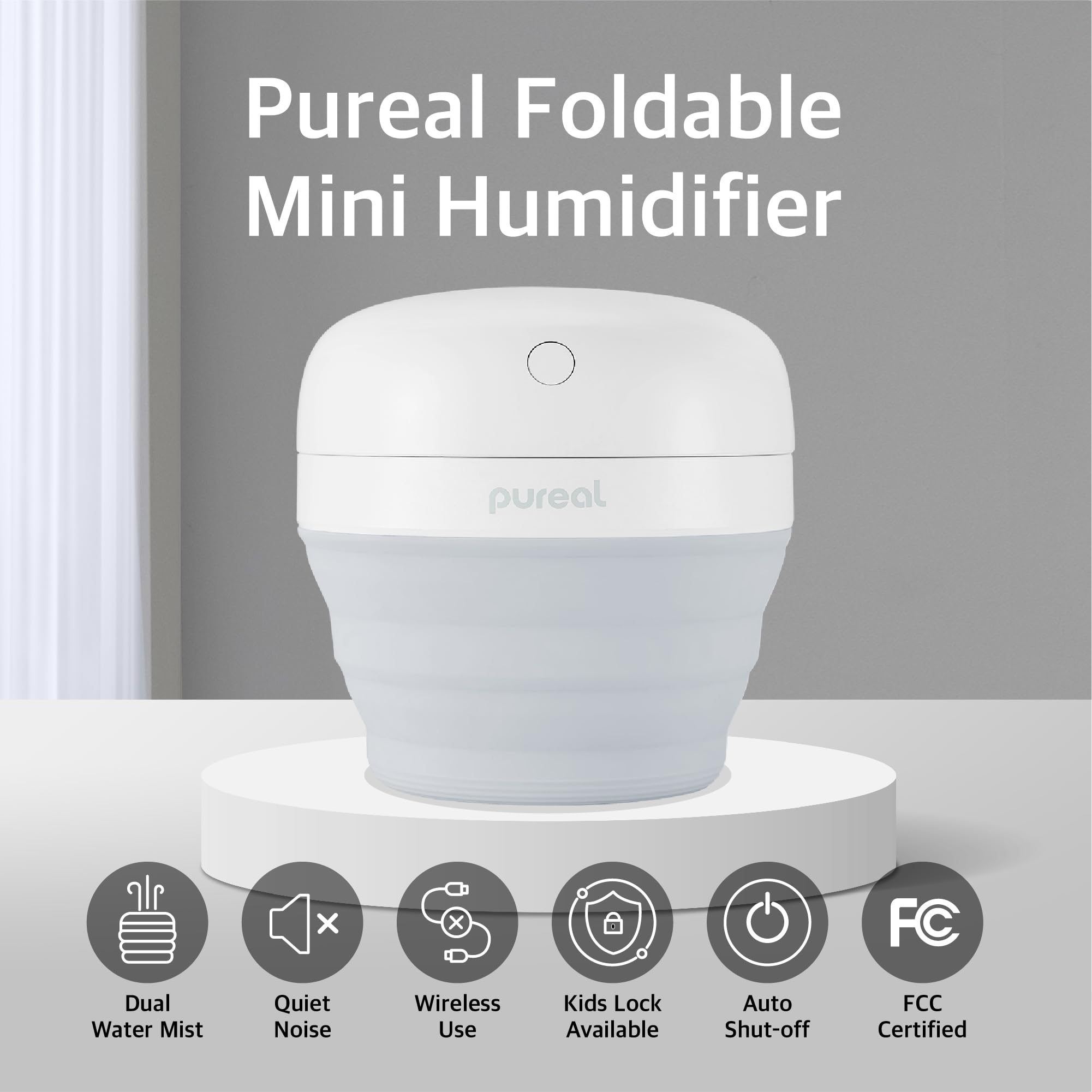 Pureal Foldable Mini Humidifier, 500ML Portable Small Cool Mist for up to 10 Hrs, for Baby Bedroom Travel Office Home, Auto Shut-Off, 3 Mist Modes, Super Quiet