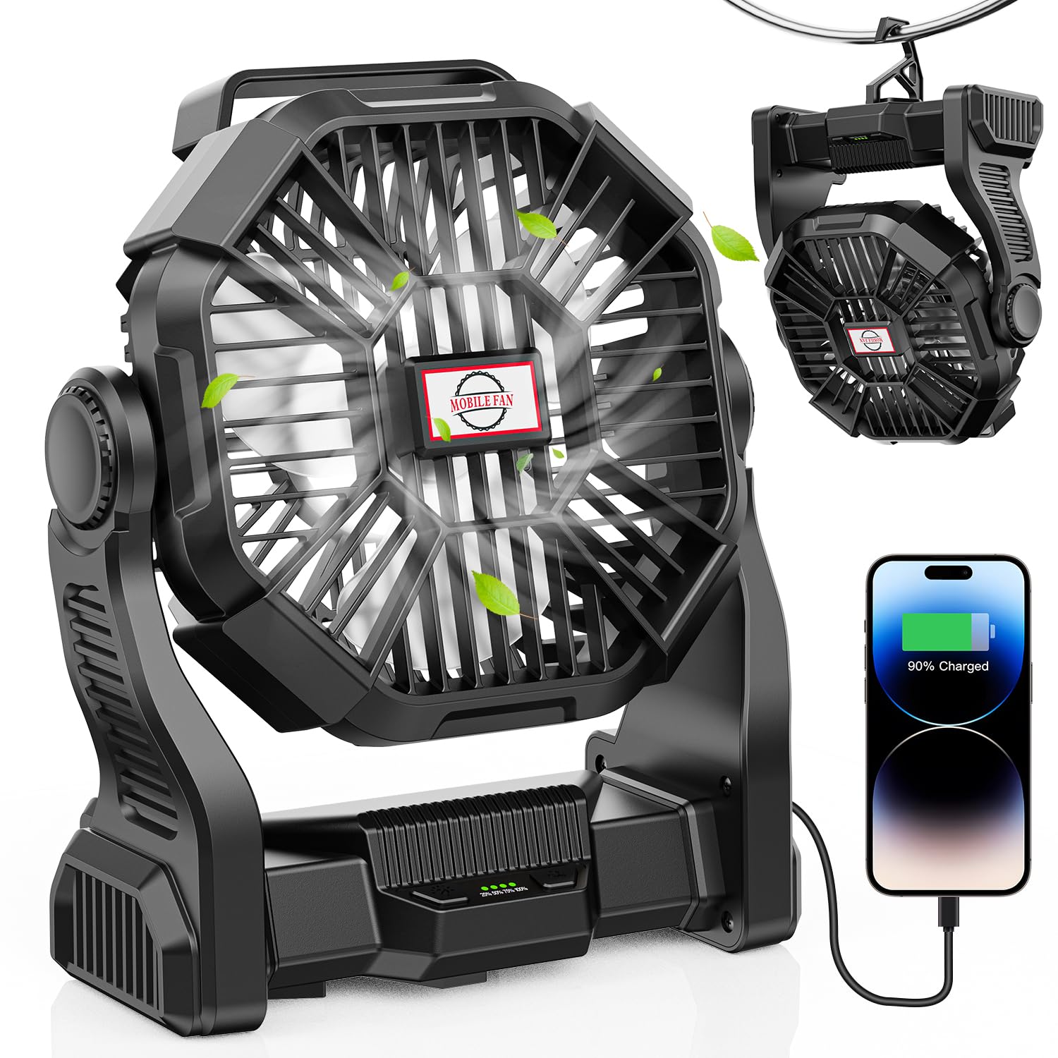 DOWILLDO Camping Fan with LED Lantern, 10400mah Portable Battery Operated Outdoor Fan, Personal Rechargeable Fan for Travel, Hiking, Fishing, Picnic (Black)