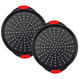 zoehrows pizza pan for oven (2 pack) round pizza pan with holes - non-stick carbon steel pizza tray with silicone handles - for cooking, baking, and grilling - dishwasher safe