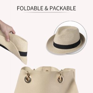 DressVoguer Straw Fedora Hat for Women Men Short Brim Panama Hat Roll Up Trilby Summer Beach Sun Hat UPF 50+ Beige