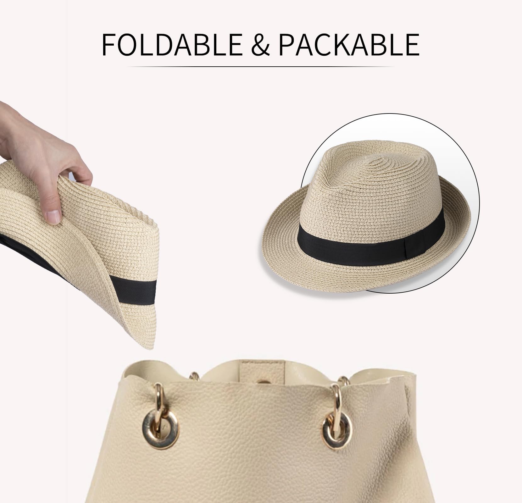 DressVoguer Straw Fedora Hat for Women Men Short Brim Panama Hat Roll Up Trilby Summer Beach Sun Hat UPF 50+ Beige