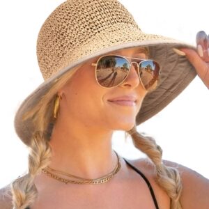 FURTALK Sun Hats for Women Summer Beach Hat Wide Brim Handmade Straw Hat Foldable Packable UPF 50 Crochet Travel Bucket Hat Khaki