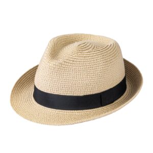 DressVoguer Straw Fedora Hat for Women Men Short Brim Panama Hat Roll Up Trilby Summer Beach Sun Hat UPF 50+ Beige