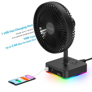 Hiree Desk Fan with USB Charging Port, 6.7 Inch 2 Speeds Small Desktop Table Fan with USB Charger, AC Outlet and LED Light, Strong Wind, Quiet Operation - Suitable for Bedroom, Home, Dorm Room