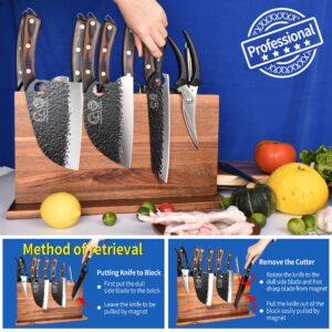 XYJ Extra Large Magnetic Knife Block Acacia Wood Knife Set Holder Stand With Stronge Magnetic Strip Kitchen Knives Storage Rack Organizer Tools No Drilling