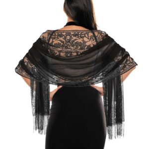 jeffdad women's floral lace scarf shawl wif tassels for women's evening dress evening party mesh wedding shawls (black)