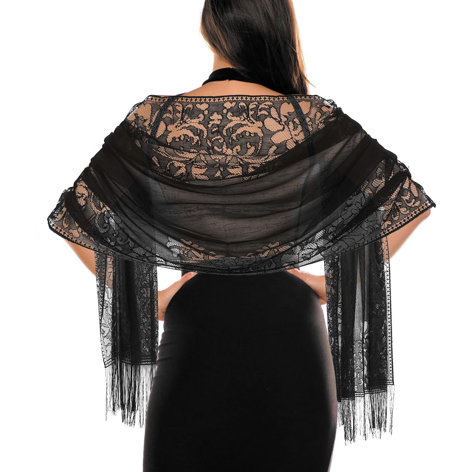 Jeffdad Women's Floral Lace Scarf Shawl wif Tassels for Women's Evening Dress Evening Party Mesh Wedding Shawls (Black)